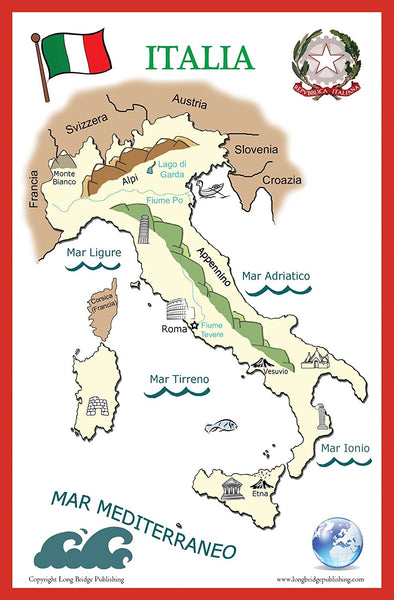 Italian Language Poster -Discover Italy, simplified school map of Ital ...